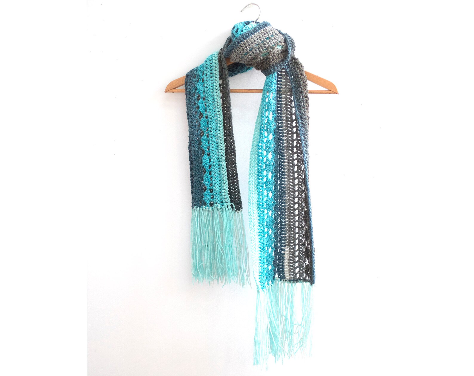 Long Winter Scarf for Woman Gray Turquoise Crochet Lace Scarf - Etsy