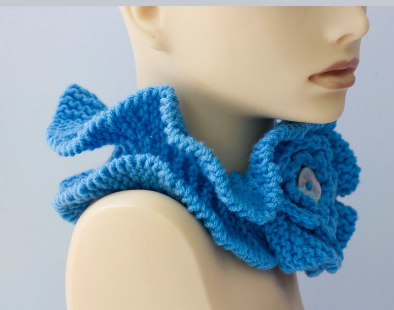 Knit Blue Ruffled Neck Scarf with Flower Buttoned Cowl | Etsy