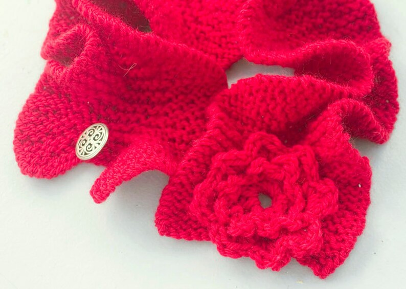Knit Buttoned Cowl Neck Warmer Red Ruffle Flower Scarf Knit - Etsy