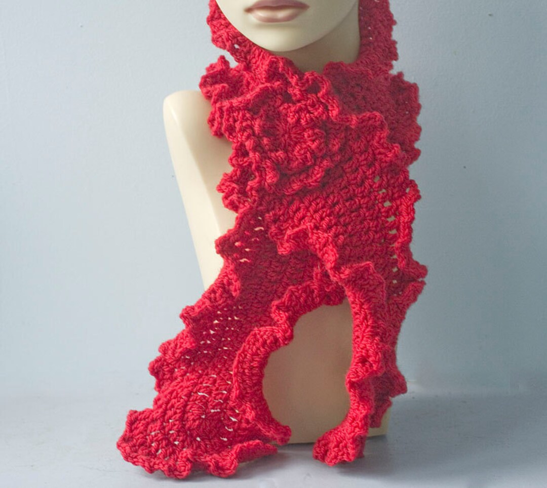 Red Crocheted Scarf With Flower Scarf Pin, Ruffle Scarf, Women's Scarf ...