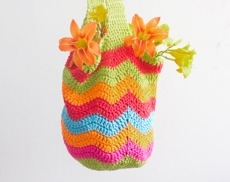 Neon Market Tote Bag Beach Bag Crochet Cotton Eco Friendly - Etsy