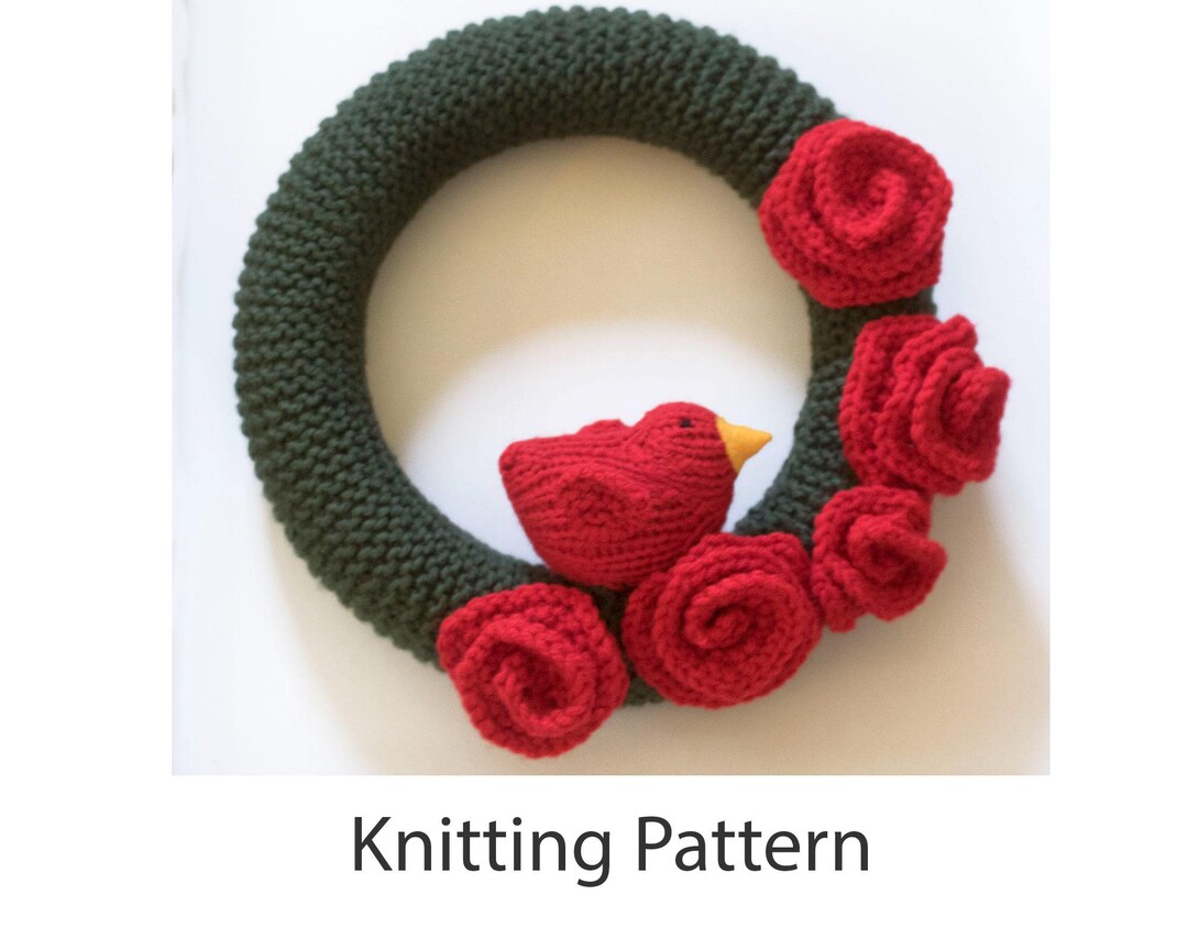 Christmas Wreath Knitting Pattern, Red Cardinal Bird and Rose Flowers ...
