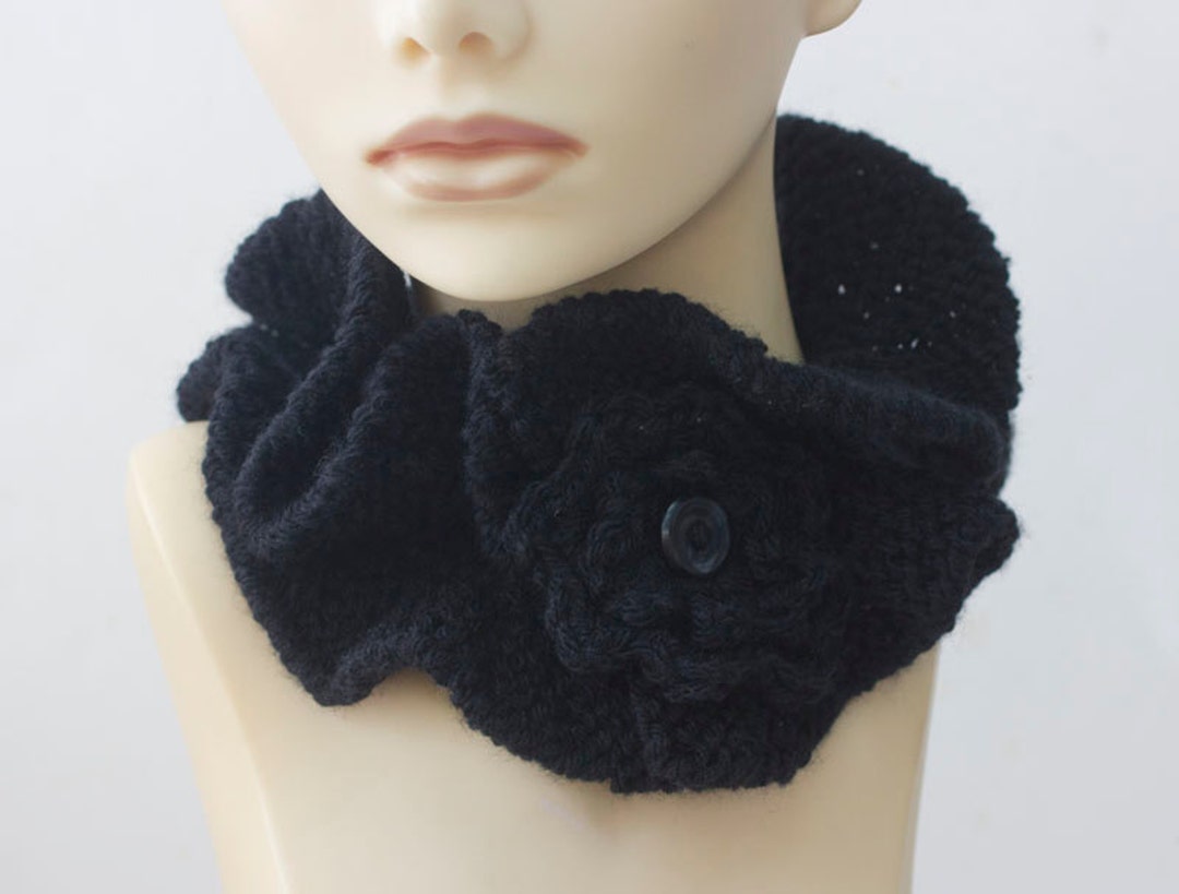 Black Knit Ruffled Neck Scarf With Flower, Buttoned Cowl - Etsy
