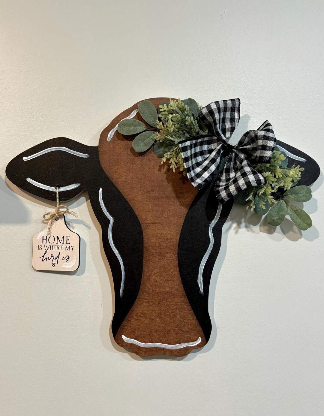 Cow Head Wall Hanging • Farmhouse Wall Décor • Gingham Bow • Rustic ...