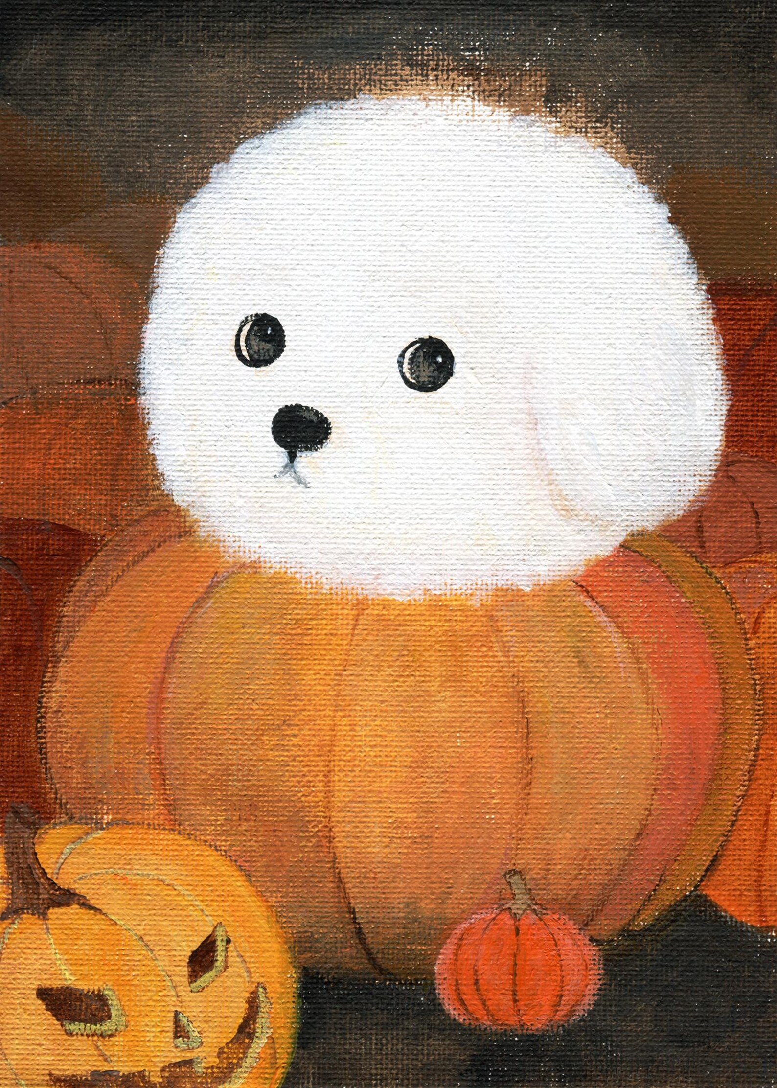 Cute Dog Fall Halloween Original Painting, Autumn Pumpkin Handpainted ...