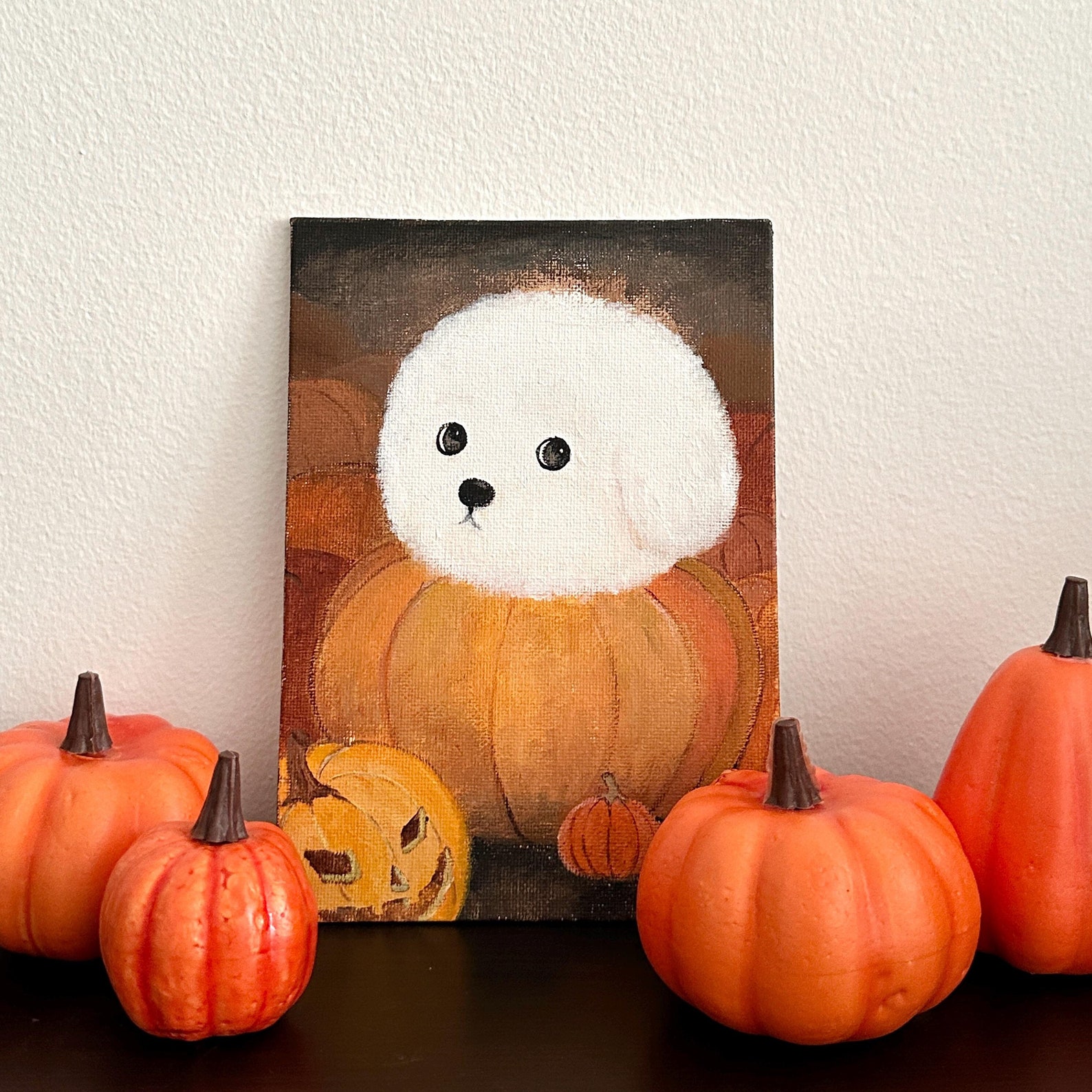 Cute Dog Fall Halloween Original Painting, Autumn Pumpkin Handpainted ...