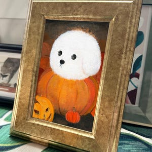 Cute Dog Fall Halloween Original Painting, Autumn Pumpkin Handpainted ...