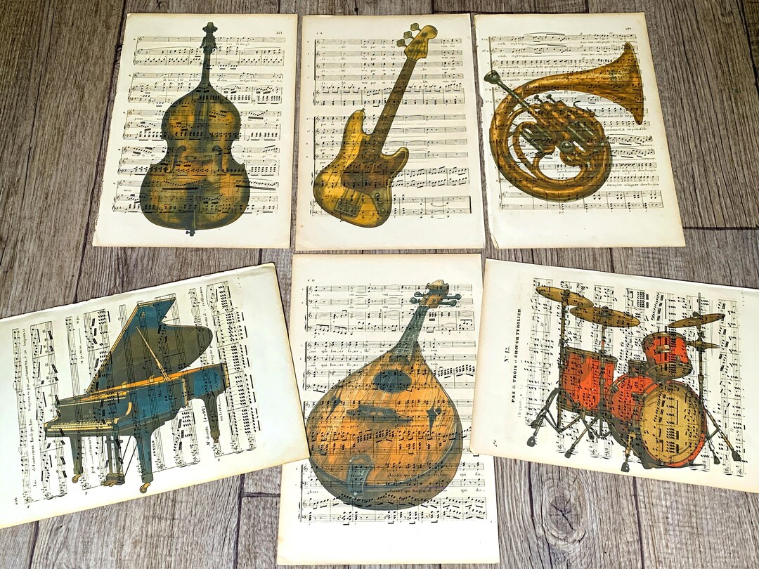 Set of 6 Prints Musical Instruments on Old Book Page Antique Song Sheet ...