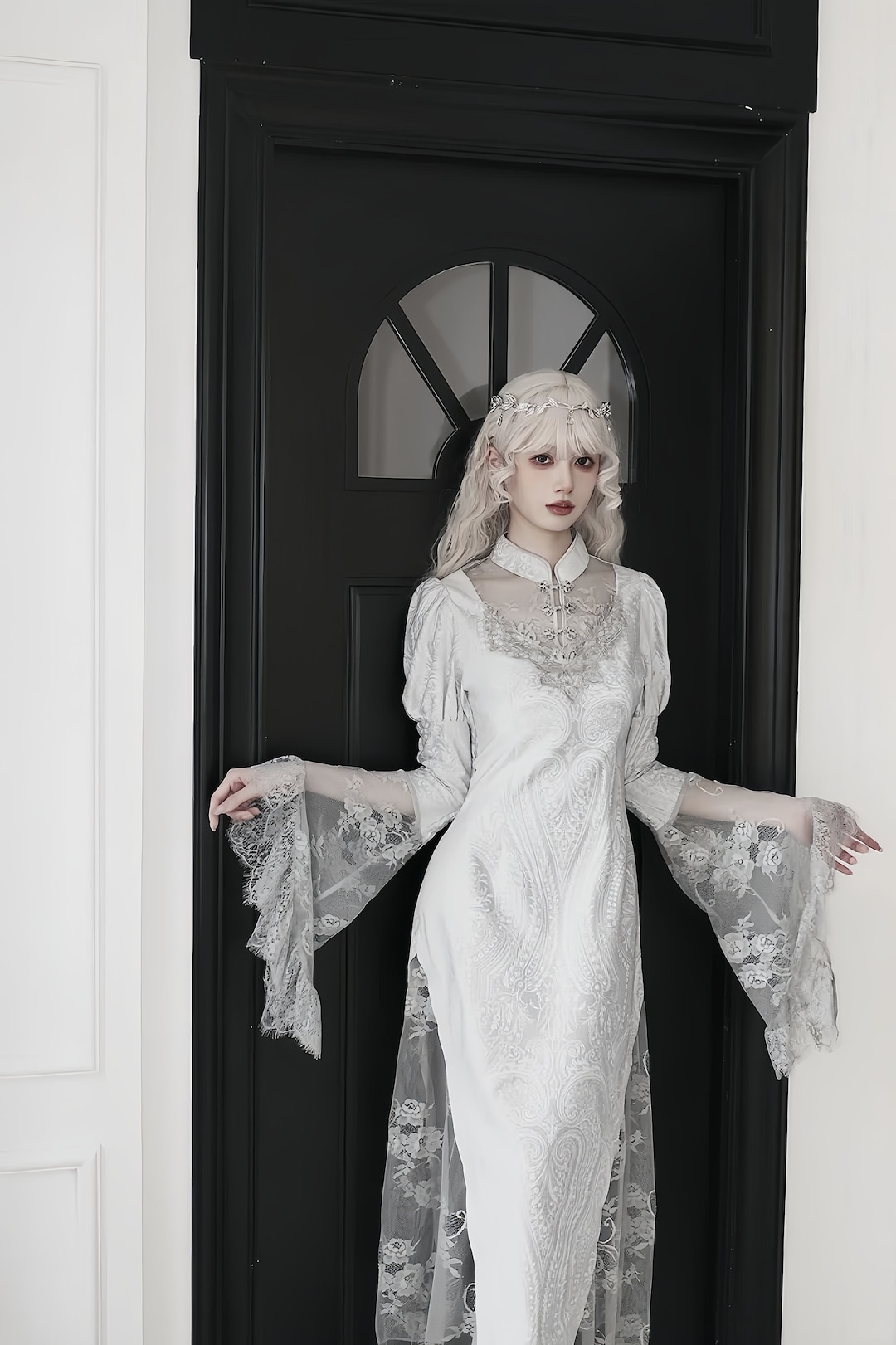 Vintage Gothic Dress White Gothic Lace Jacquard Velvet Fishtail ...
