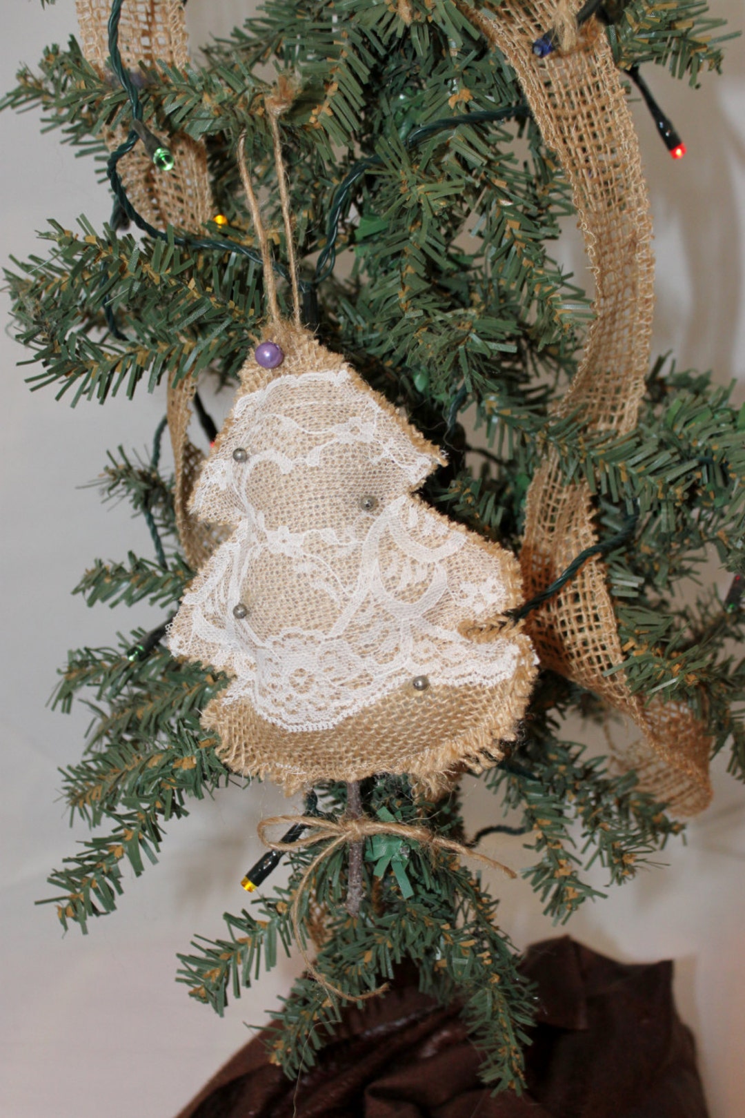 Burlap Christmas Tree Ornament, Primitive Lace and Burlap Christmas ...