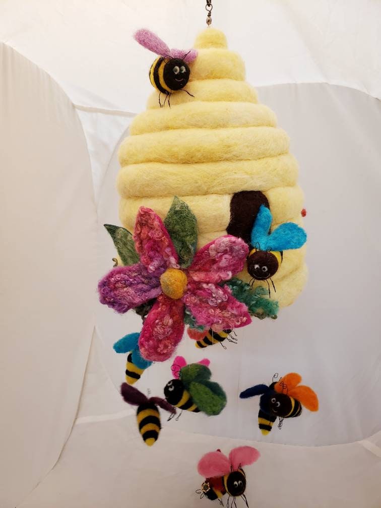 Bee Mobile Nursery Bee Mobile Bee Hive Needle Felted Bees | Etsy