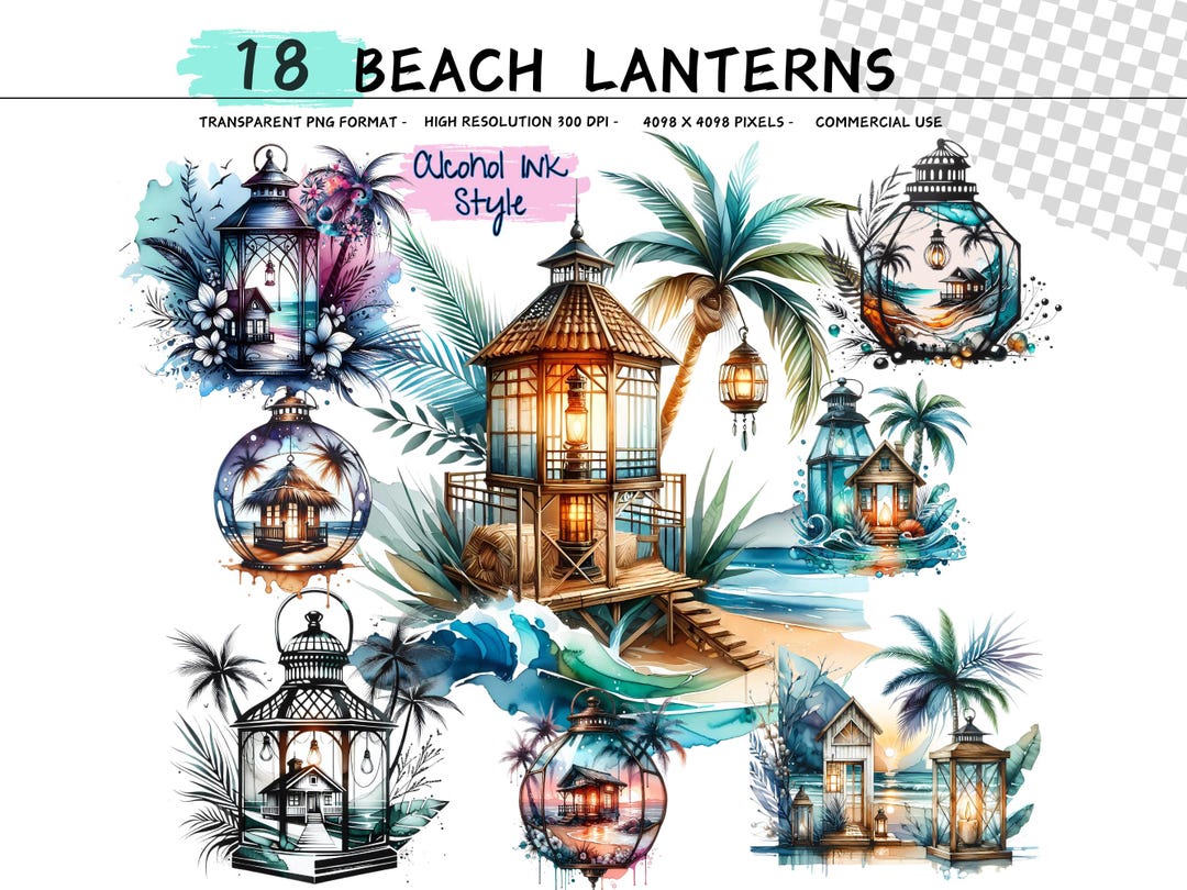 Alcohol Ink Beach Scene Lantern Png Clipart Bundle, Lamp Light Png ...