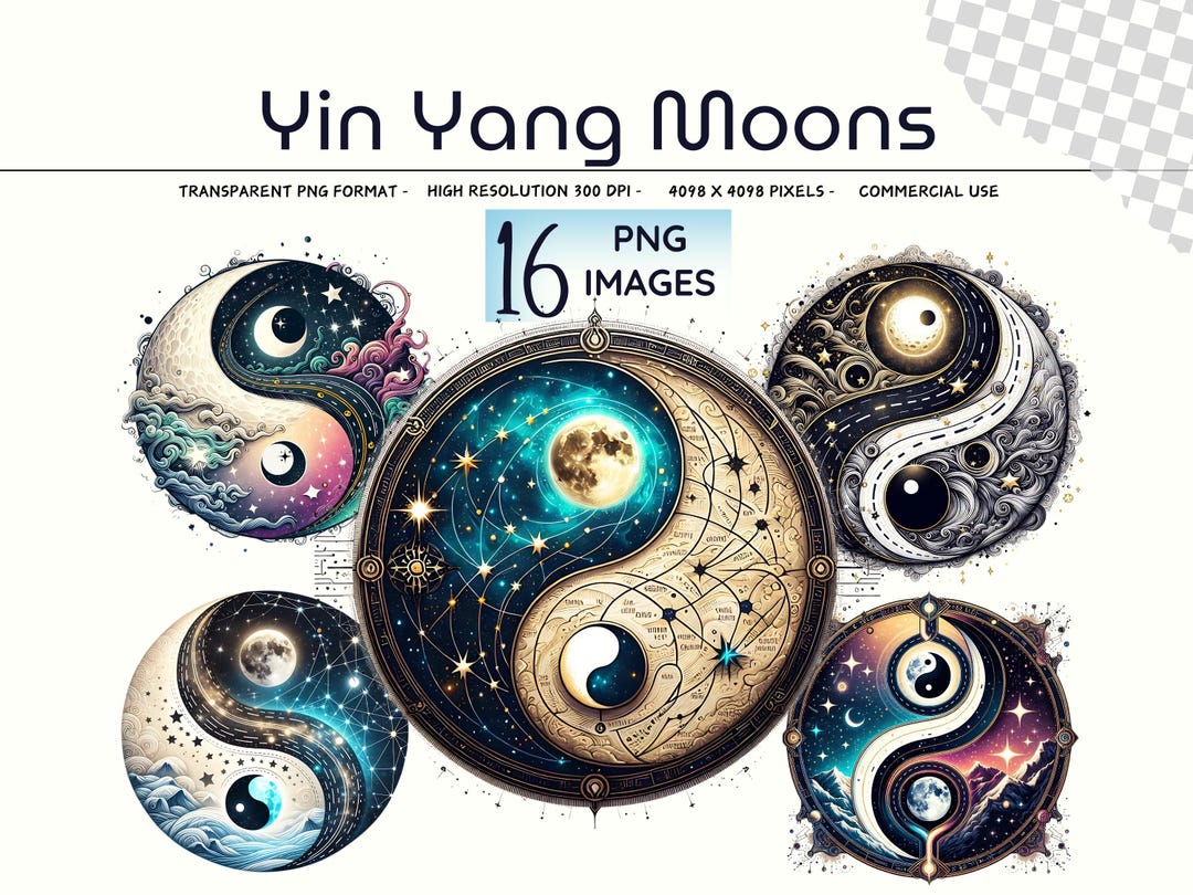 Celestial Yin Yang Moons Clipart Bundle, 16 Cosmic Zen Moon Graphics ...