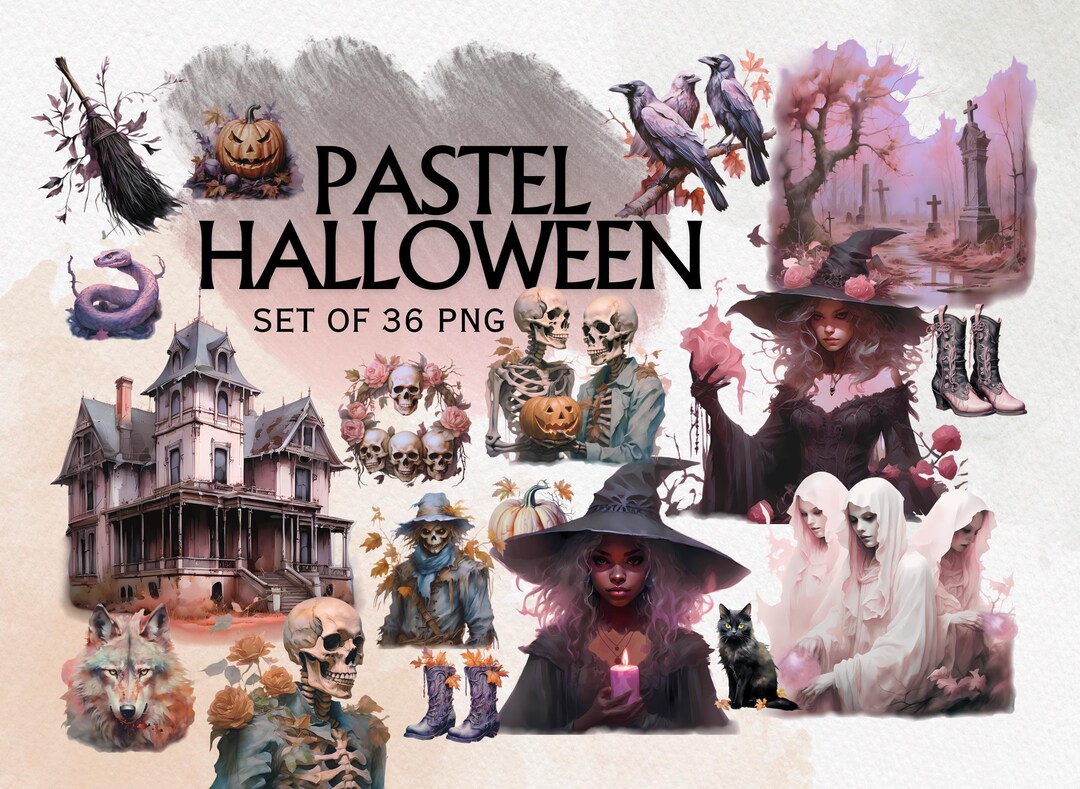 Pastel Halloween Watercolor Clipart, Cute Witches, Cute Ghosts, Zombies ...