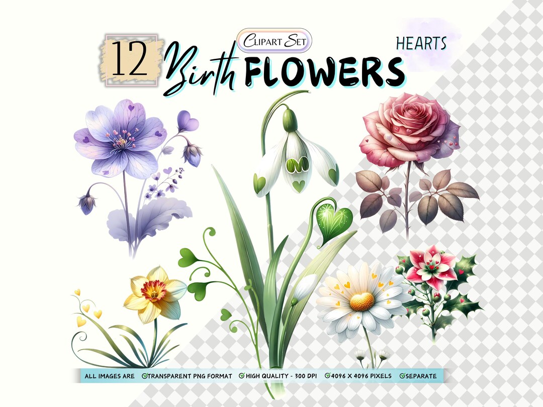 Printable Birth Flower Set, 12 Birth Month Flowers With Hearts Png ...