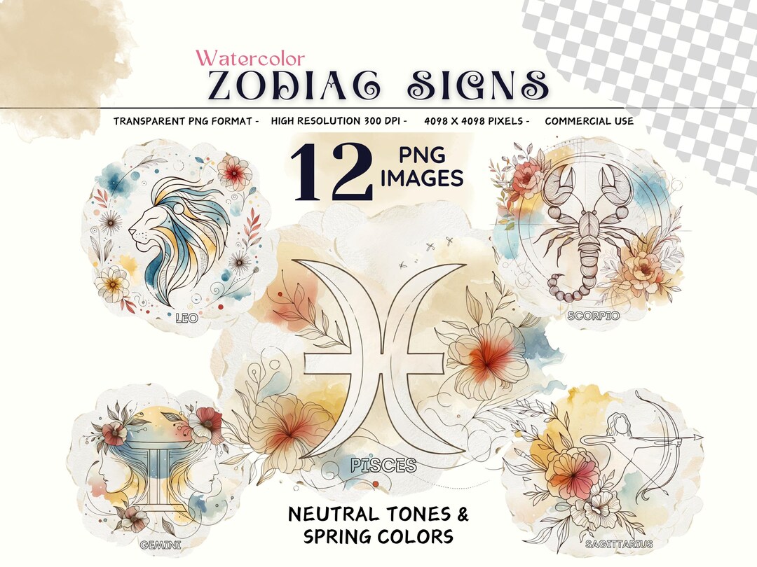 Zodiac Signs Clipart Png Bundle, 12 Ink Splash Line Art Astrology ...