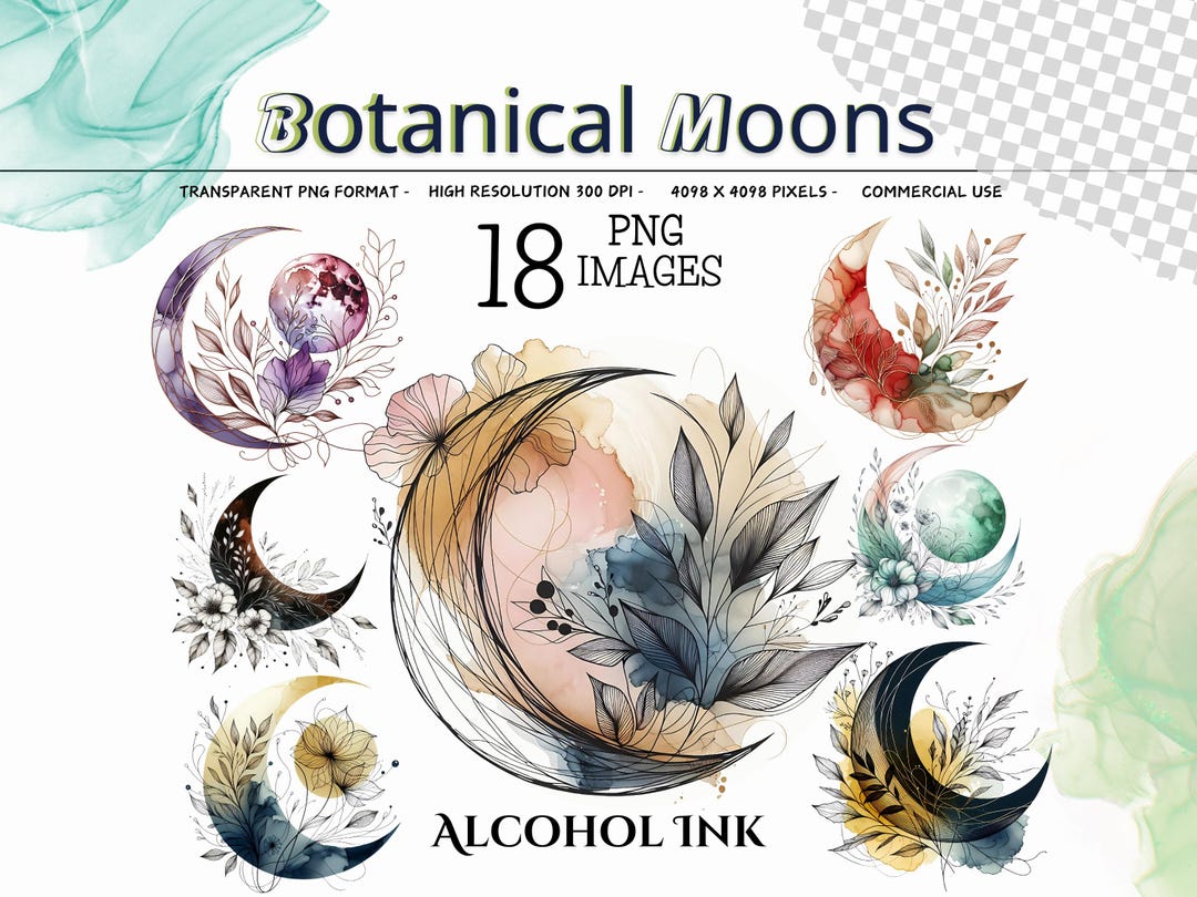 Botanical Chic Moons Png Bundle, Celestial Flower Moon Graphics ...
