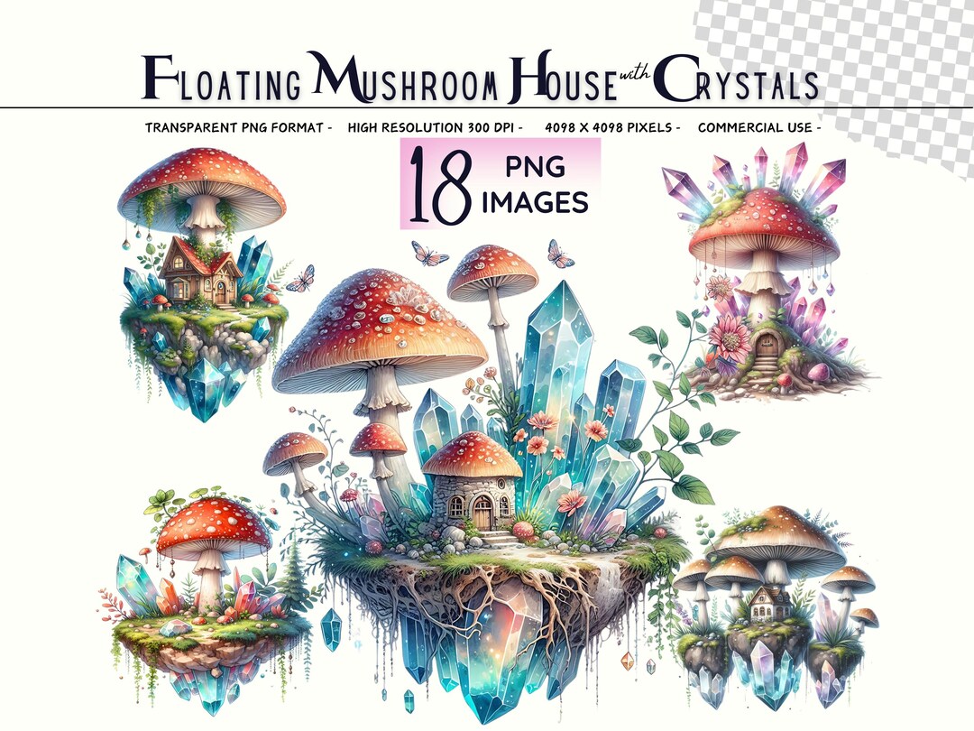 Fairy Mushroom House Clipart: Watercolor Crystal Fantasy (digital ...