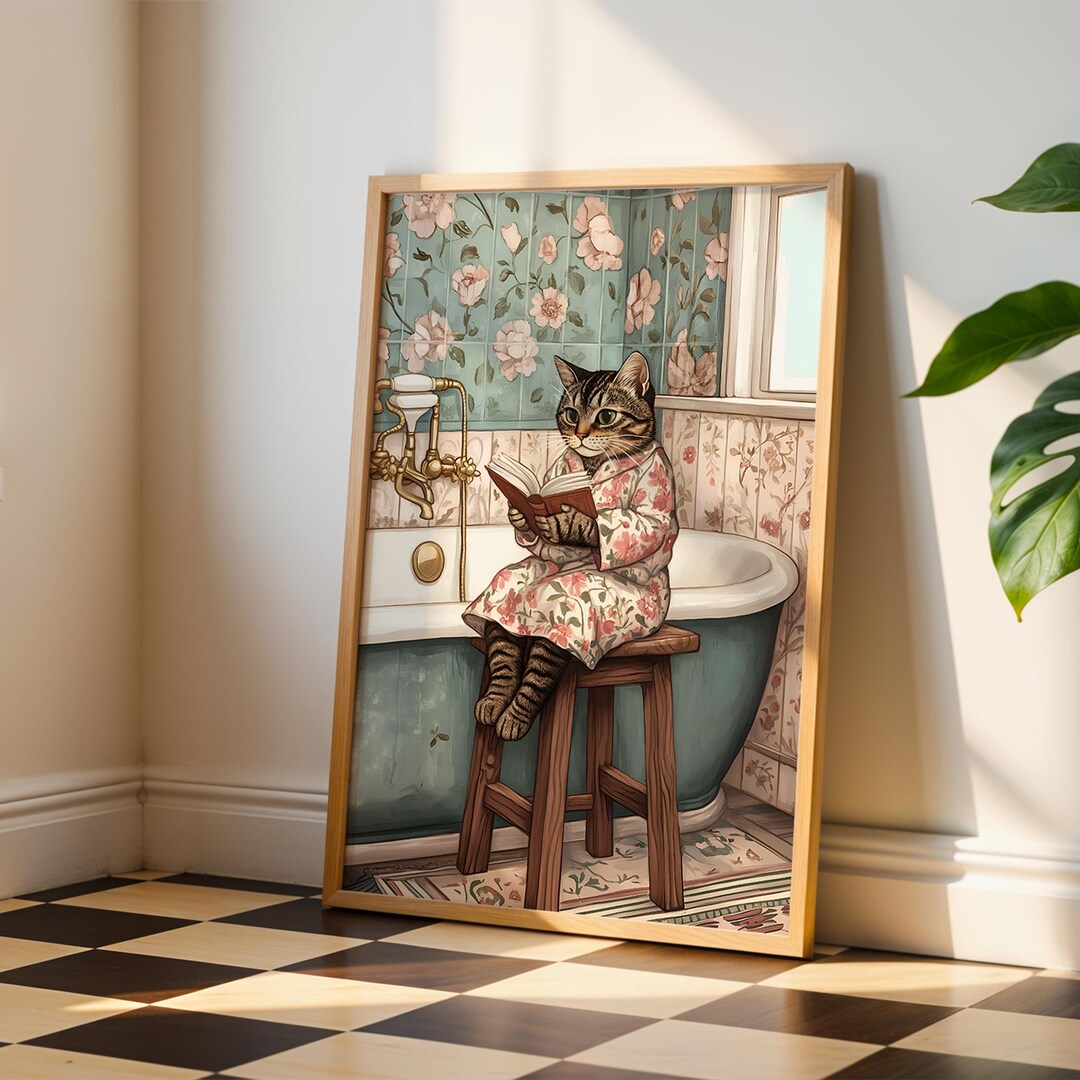 Vintage Bathroom Cat Wall Art - Funny Bathroom Art With Reading Cat - Floral Bathroom Decor ...