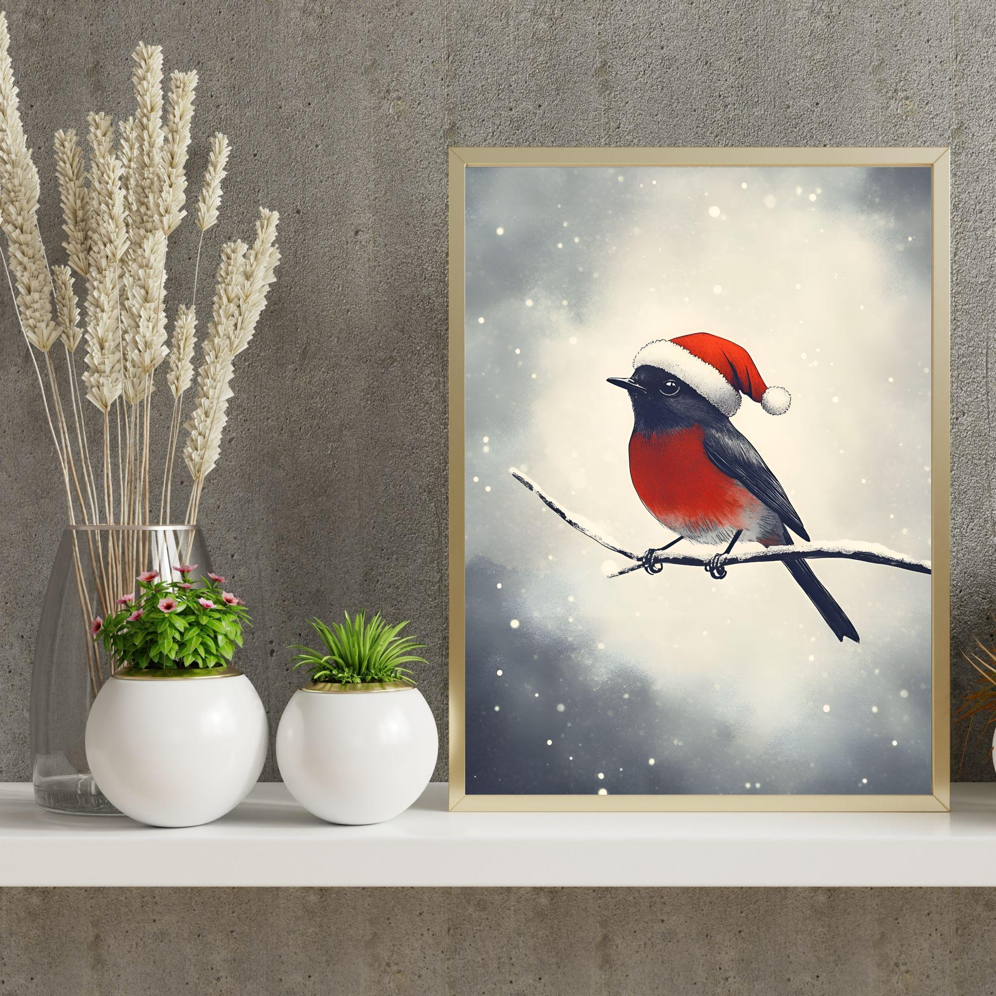 Vintage Christmas Bird Art: Santa Hat Illustration (digital Download ...