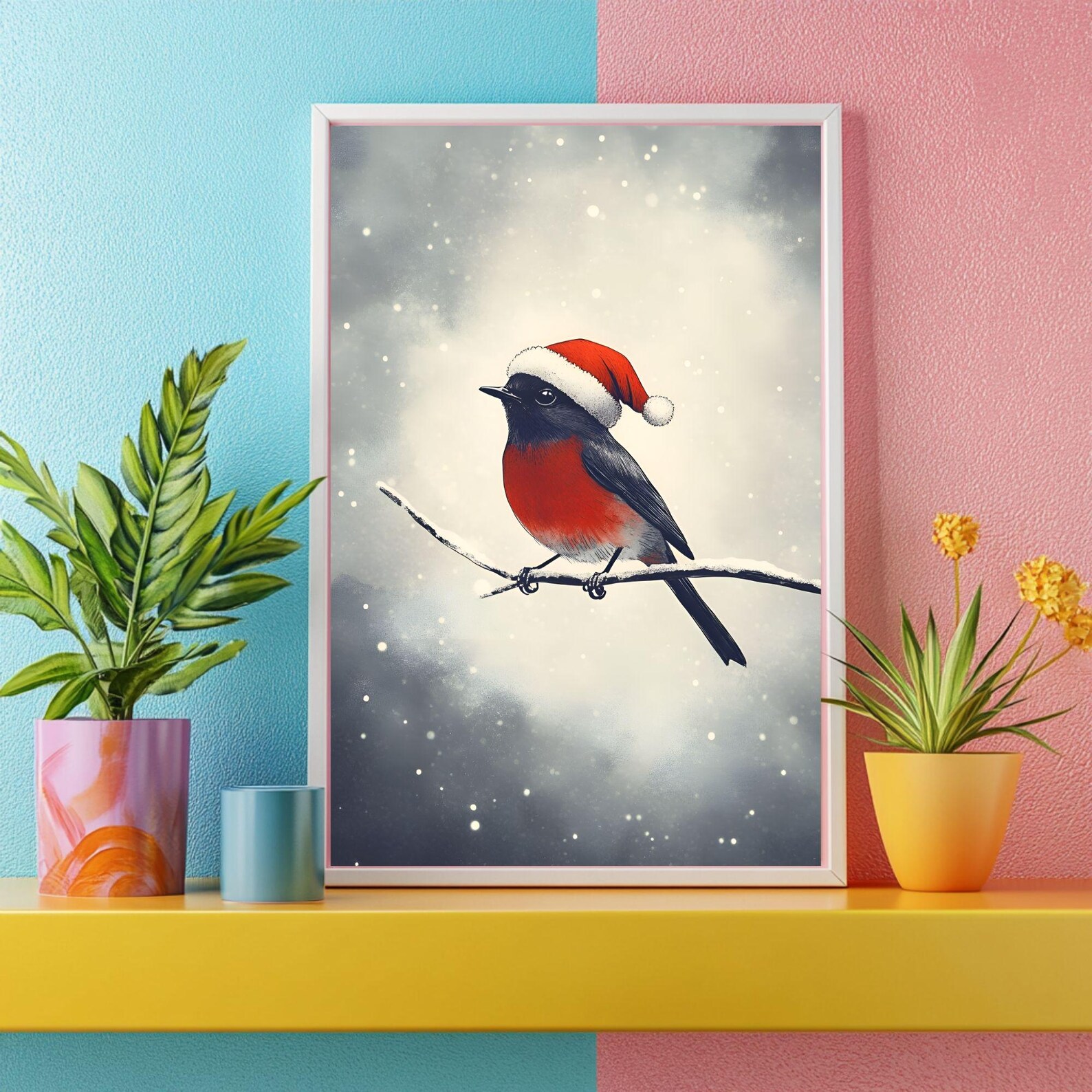 Vintage Christmas Bird Art: Santa Hat Illustration (digital Download ...