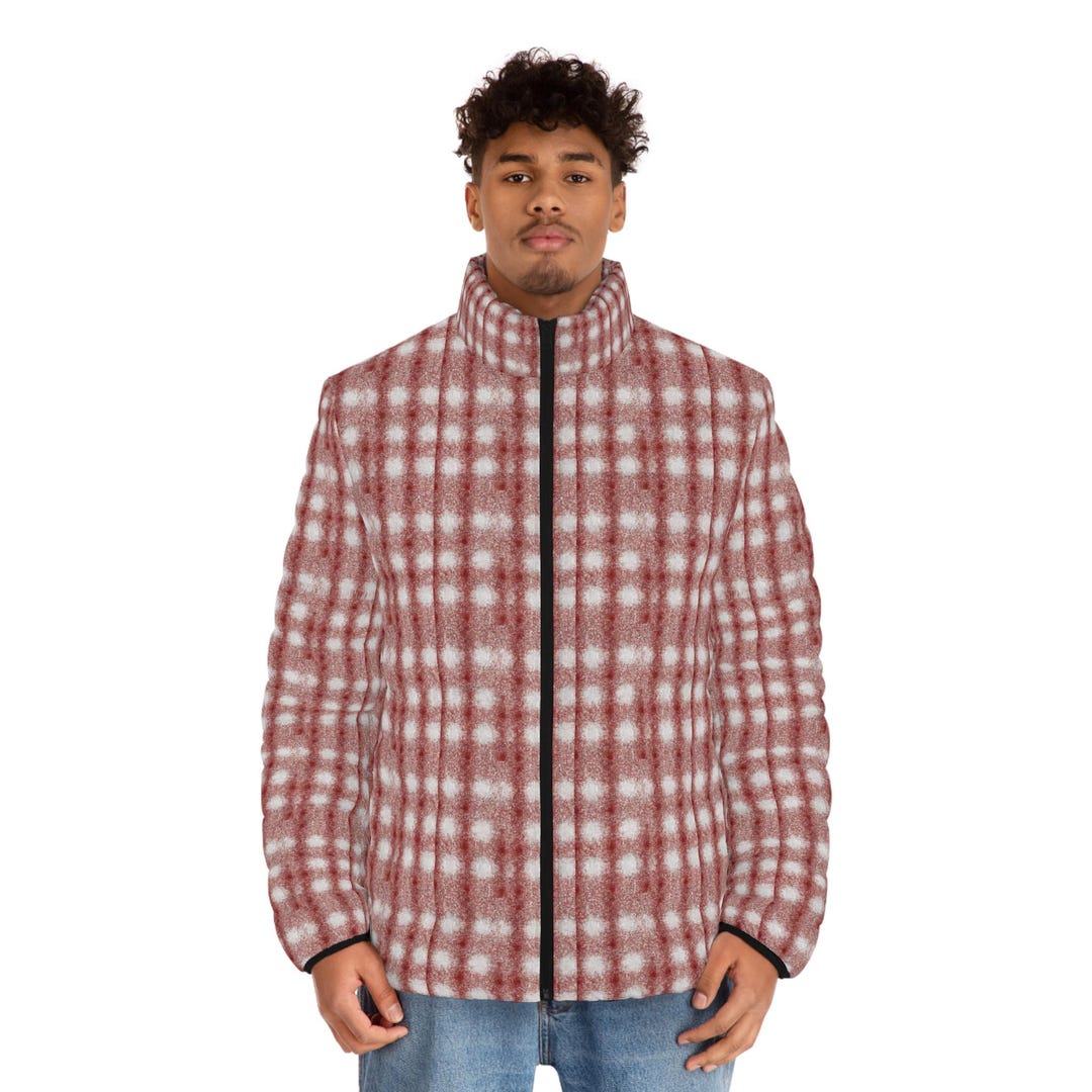Men's Puffer Jacket, Red & White Checkered Winter Coat, Snug Zippered ...