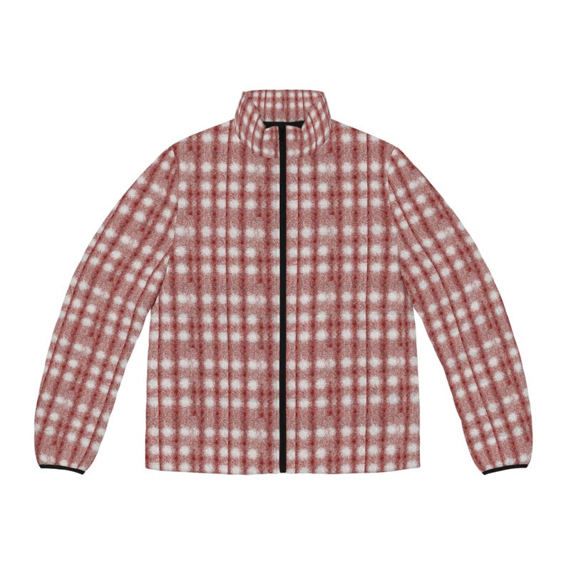 Men's Puffer Jacket, Red & White Checkered Winter Coat, Snug Zippered ...