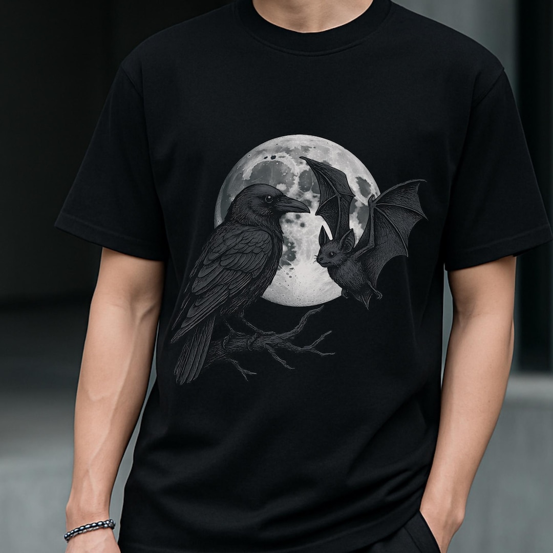 Gothic Bat and Crow Shirt, Gothic Raven and Bats Tee, Spooky Moon Dark ...