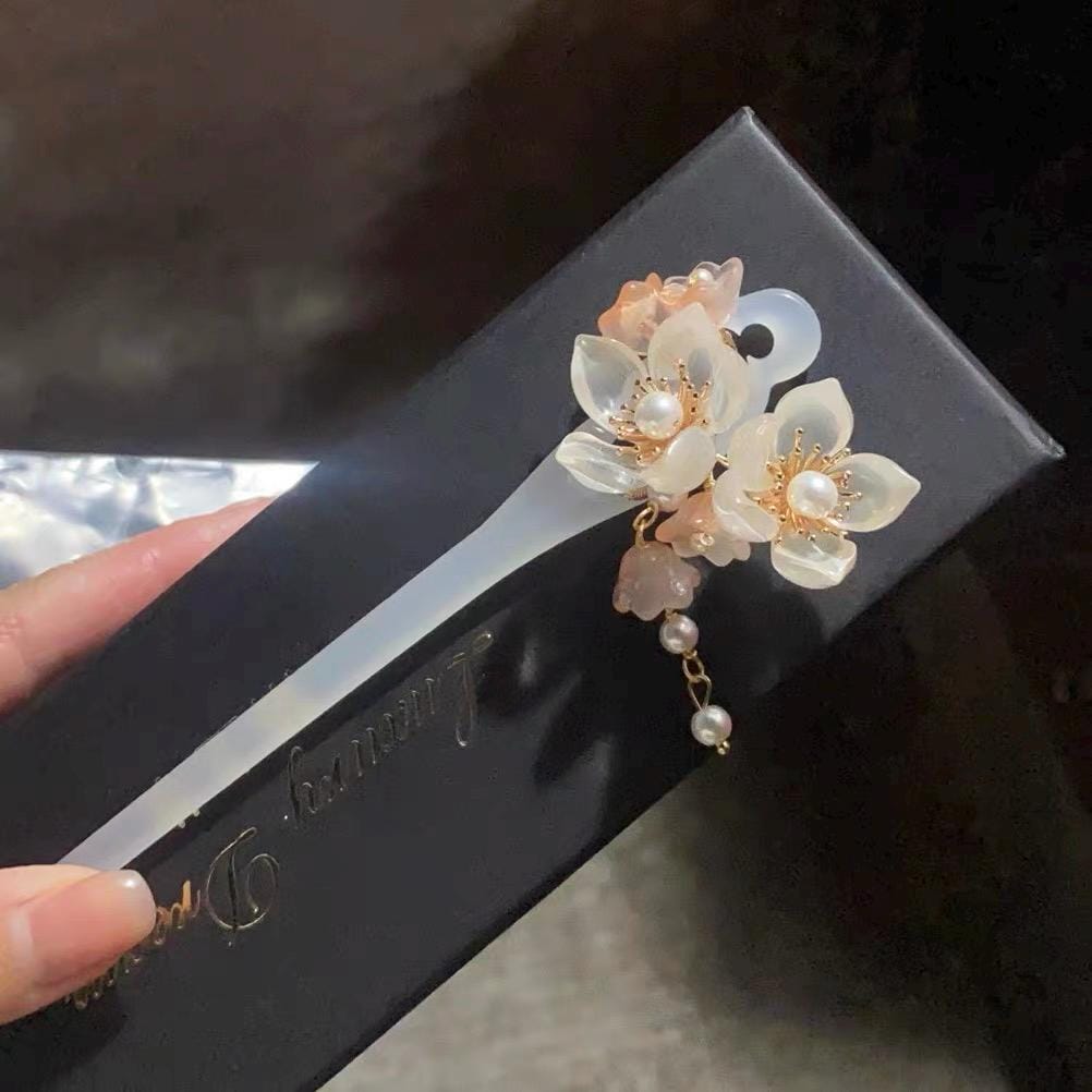 White Flower Jade Hair Stick, Japan Vintage Hair Pin Hair Fork, Hanfu ...