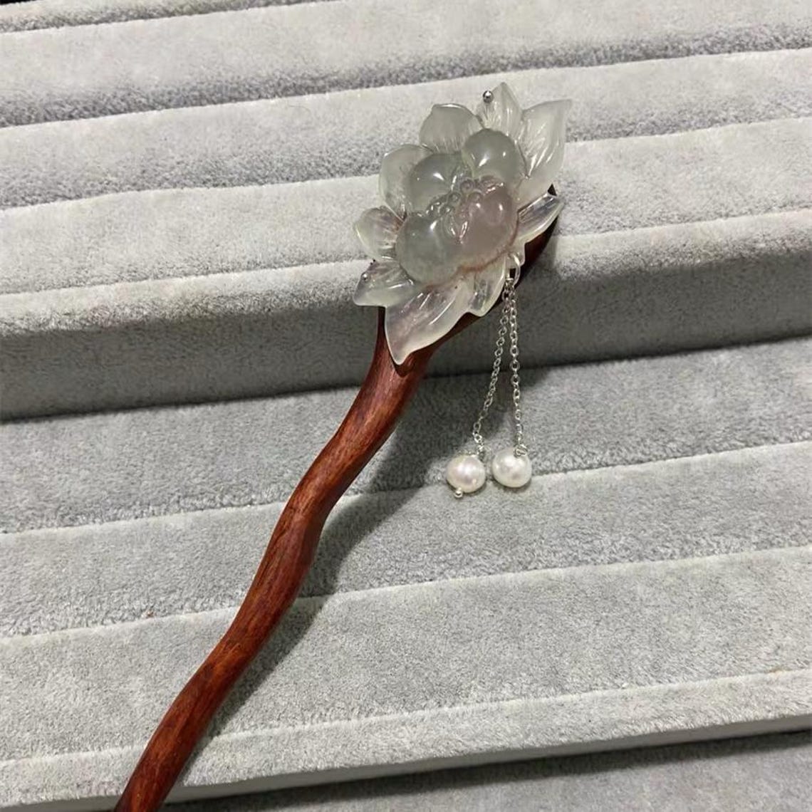 Lotus Jade Hair Stick, Japan Vintage Wood Hair Pin, Pearl Handmade Hair ...