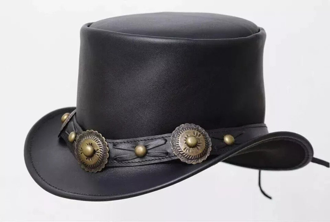 Black Leather Top Hat With Conchos Band Steampunk, Gothic, Biker Style ...