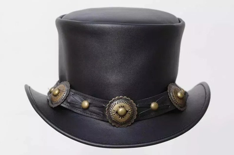 Black Leather Top Hat With Conchos Band Steampunk, Gothic, Biker Style ...