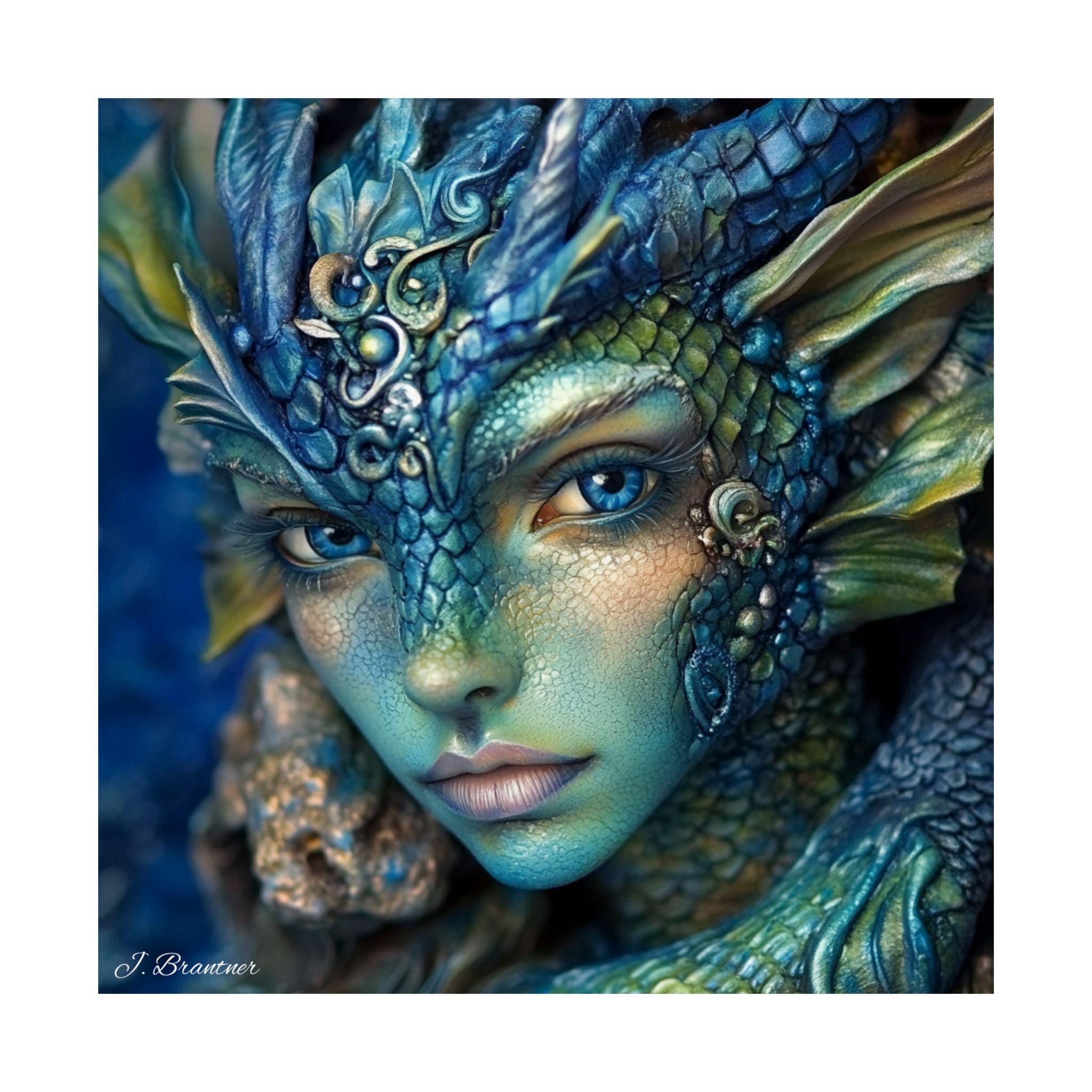 24x24 Inch Dragon, Woman Mermaid Face Swimming in Ocean. Ai Generated ...