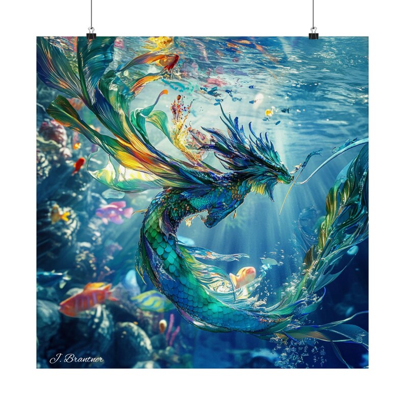 24x24 Inch Dragon Serpent Swimming in Ocean Surrounded by Colorful Fish ...