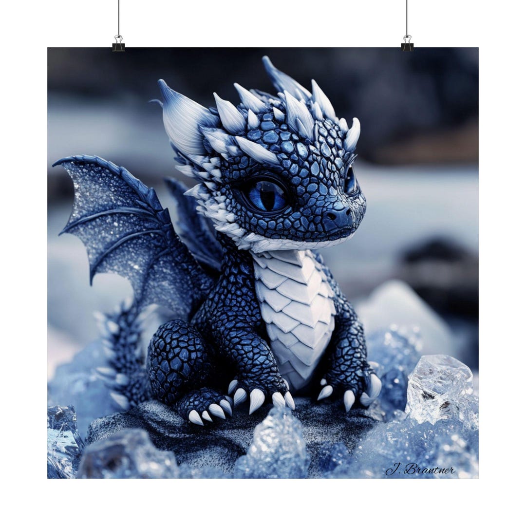 24x24 Inch Blue and White Baby Dragon Surrounded by Ice, Snow Crystals ...