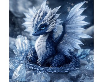 24x24 Inch Blue and White Baby Dragon Surrounded by Ice, Snow Crystals ...