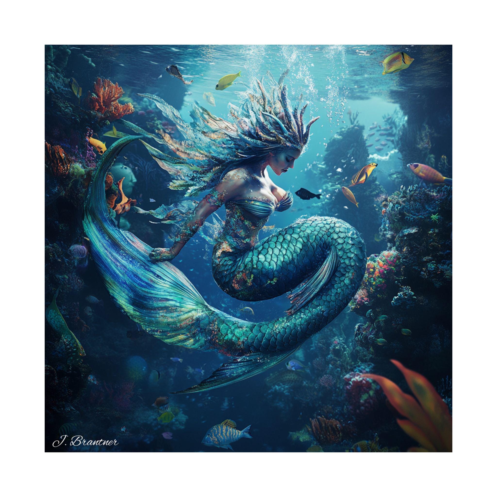 24x24 Inch Dragon, Woman Mermaid Swimming in Ocean Surrounded by ...