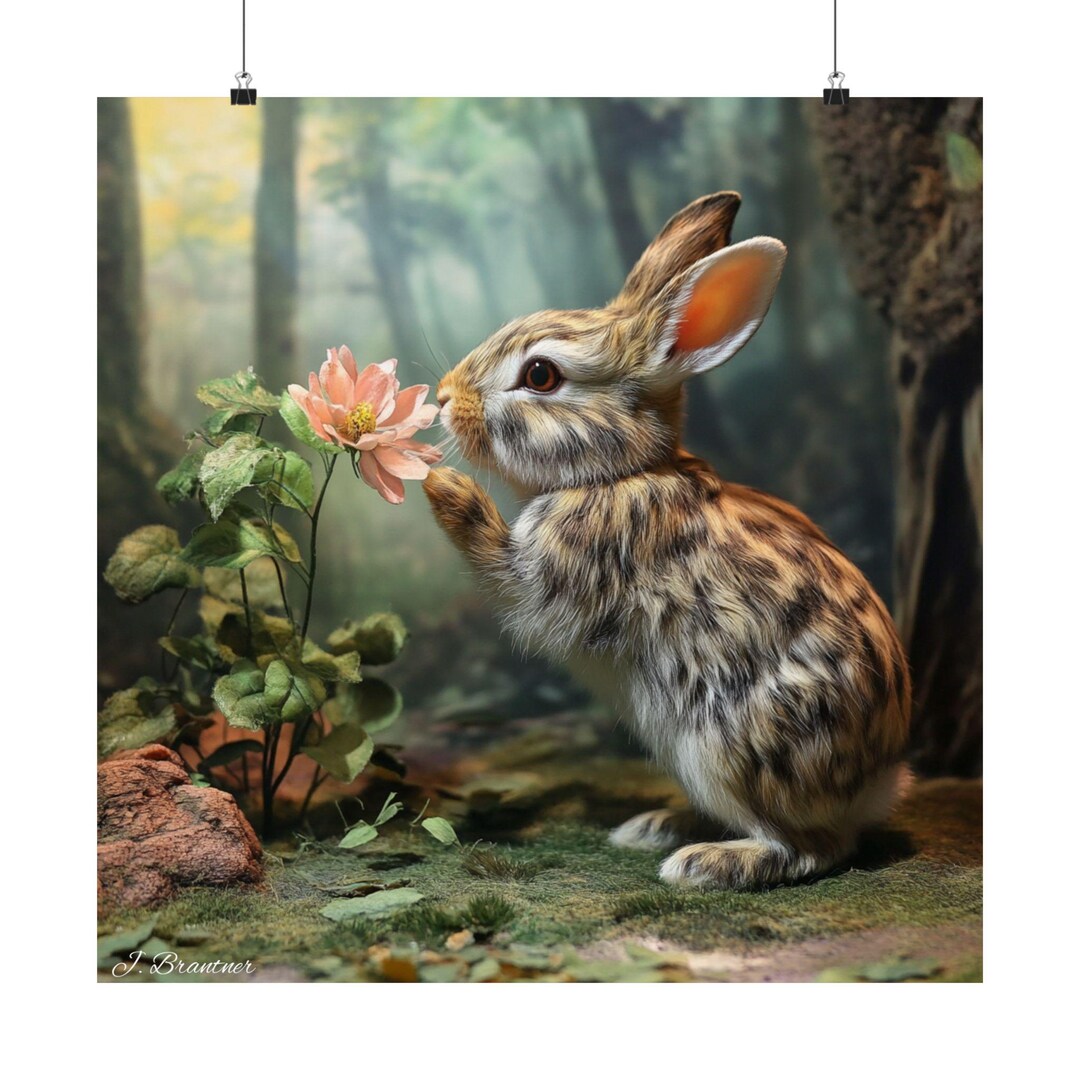 24x24 Inch Rabbit, Bunny Smelling a Flower, in a Forest. Ai Generated ...