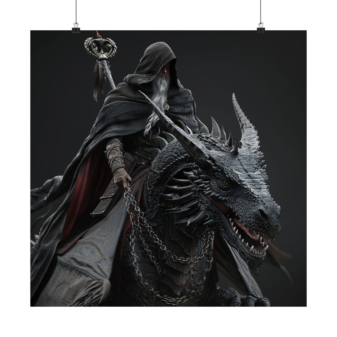 24x24 Inch AI Generated Black Cloaked Wizard Druid Riding on a Black ...