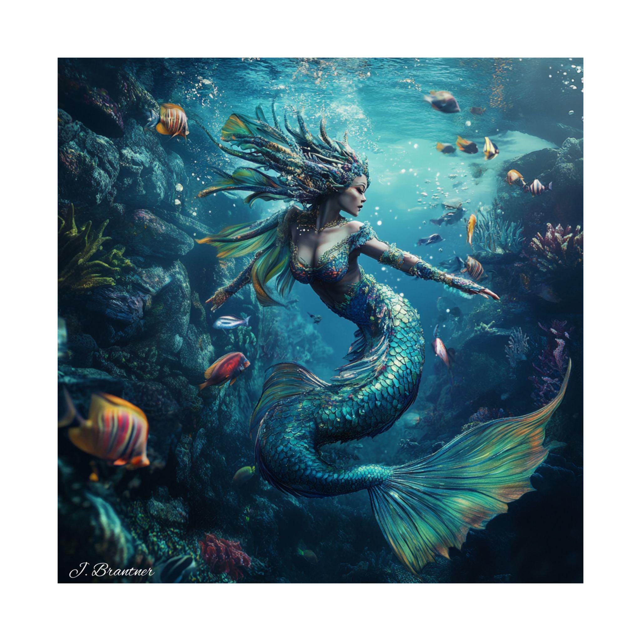 24x24 Inch Dragon, Woman Mermaid Swimming in Ocean Surrounded by ...