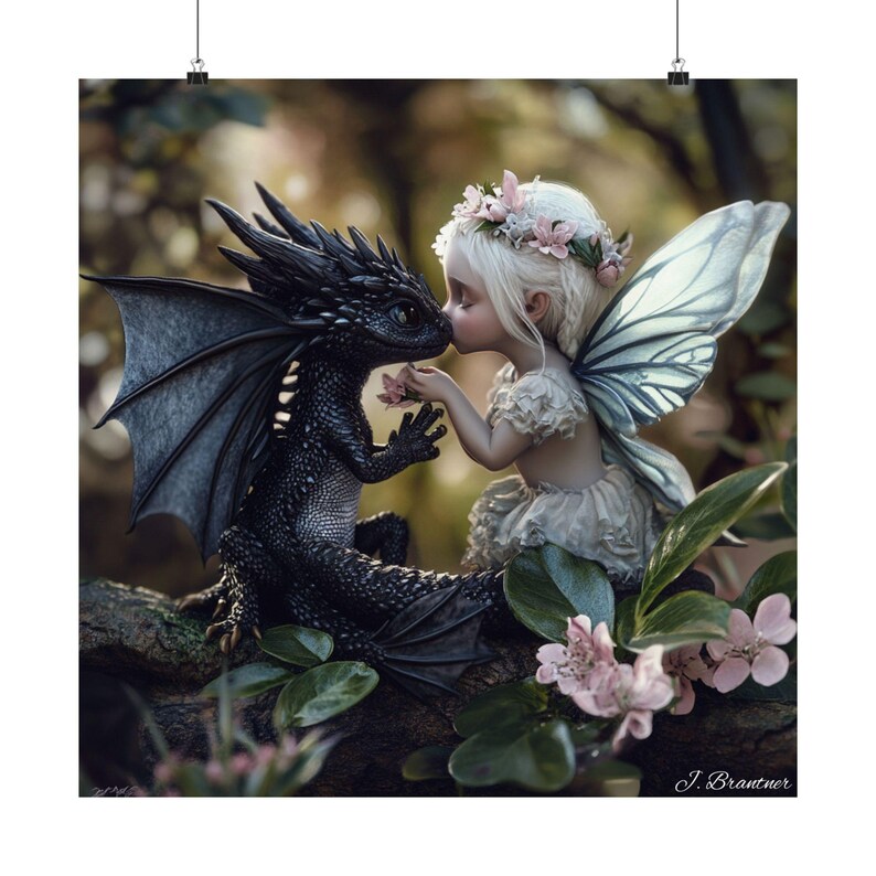 24x24 Inch Fairy Kissing Black Baby Dragon, on a Flowering Branch. Ai ...