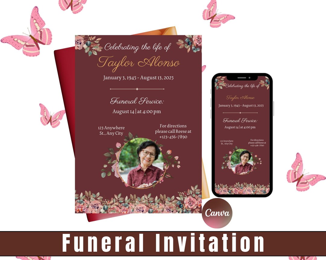 Elegant Floral Funeral Invitation: Editable Memorial Card (digital ...