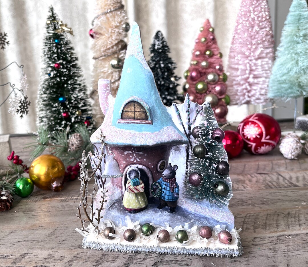 Winter Mouse House Art Decoration, Christmas Mice Scene, Seasonal Art ...