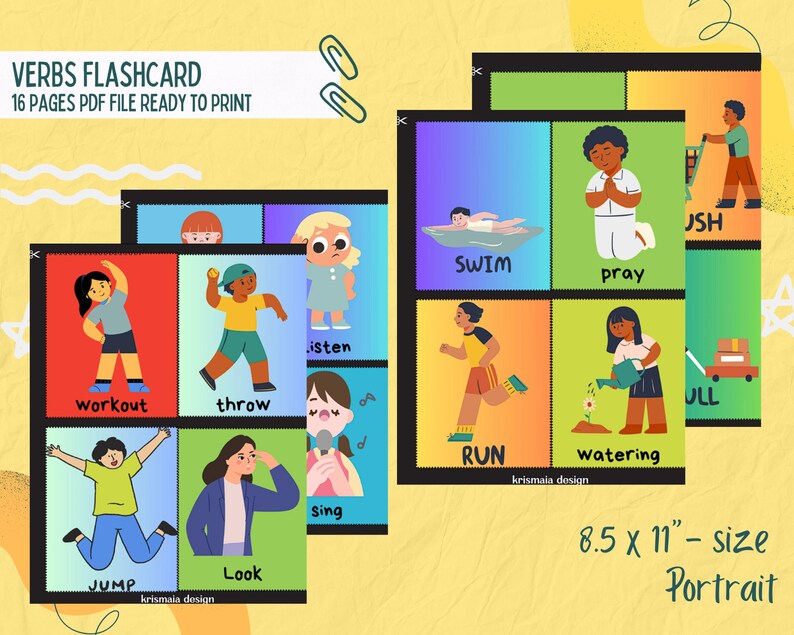 Verb Educational Flashcards Printable Flashcards for Kids - Etsy
