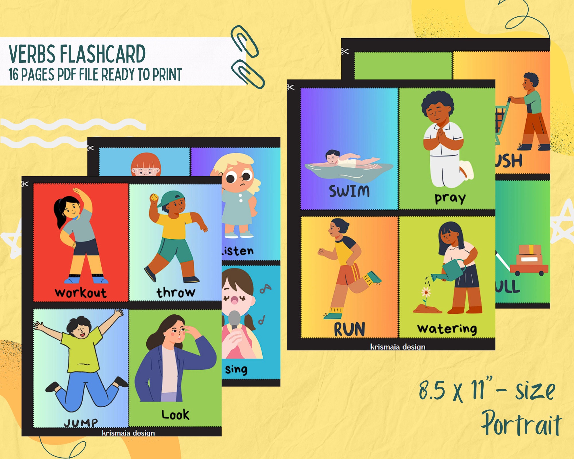 Verb Educational Flashcards Printable Flashcards for Kids - Etsy