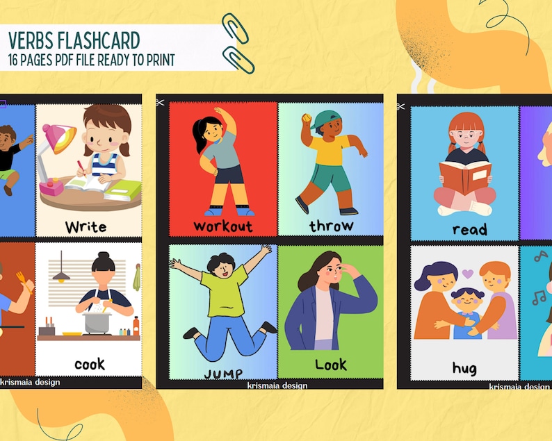 Verb Educational Flashcards Printable Flashcards for Kids - Etsy