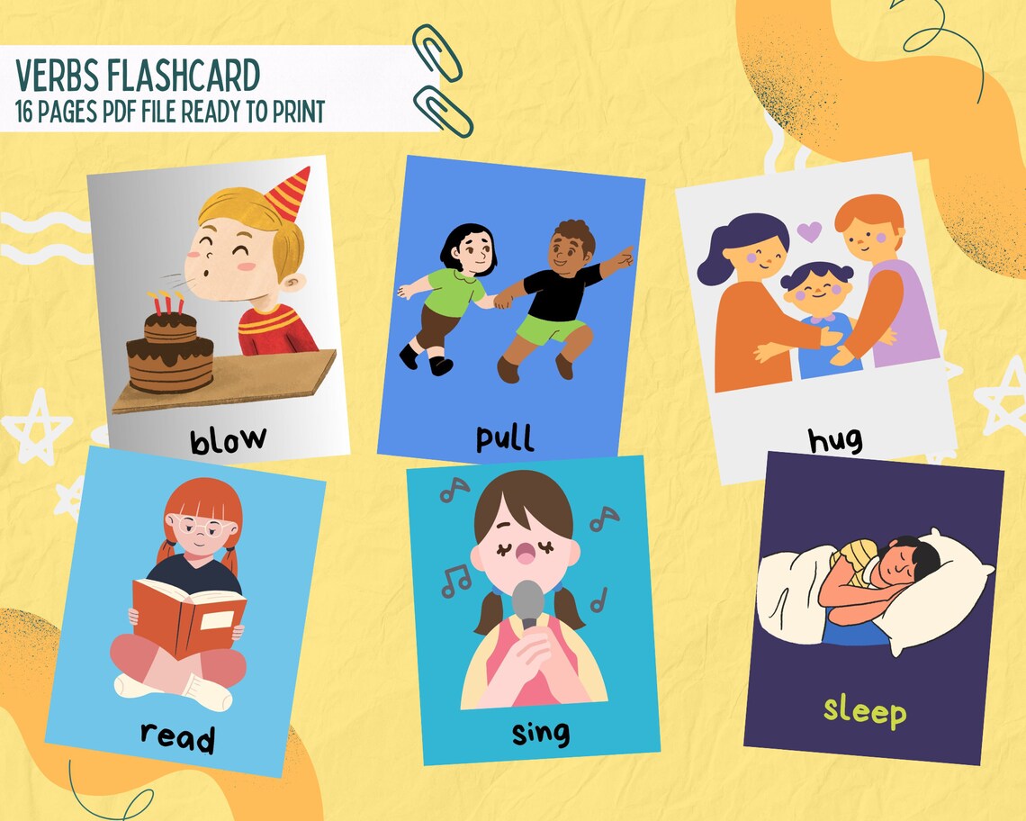 Verb Educational Flashcards Printable Flashcards for Kids - Etsy