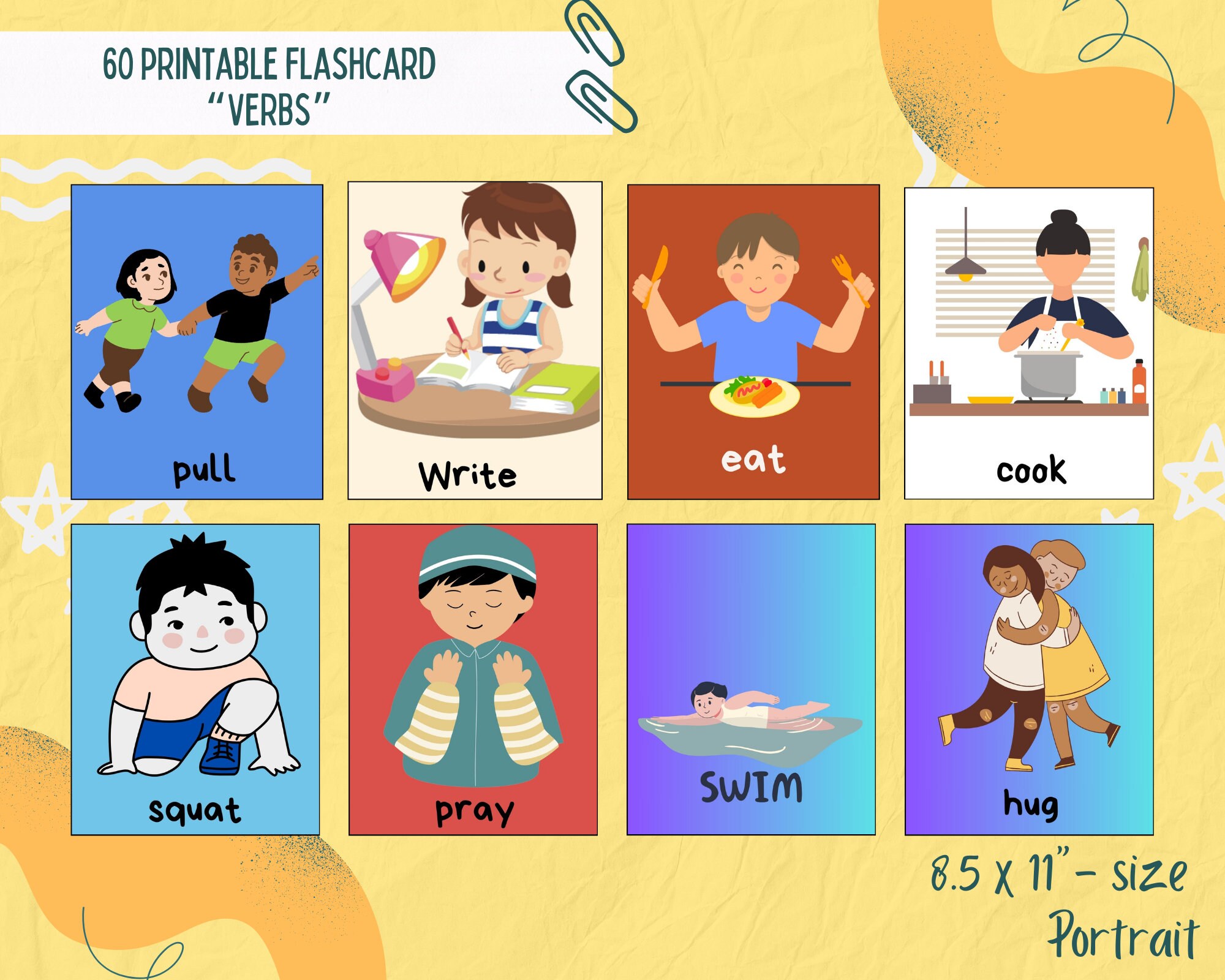Verb Educational Flashcards Printable Flashcards for Kids - Etsy
