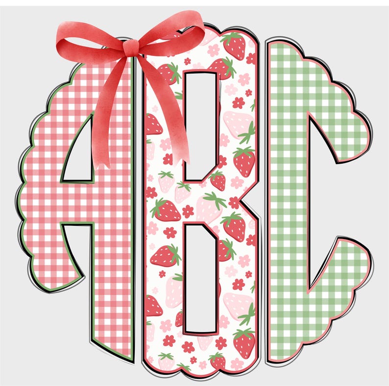 Strawberry Floral Scalloped Monogram PNG, Coquette Strawberry, Preppy ...