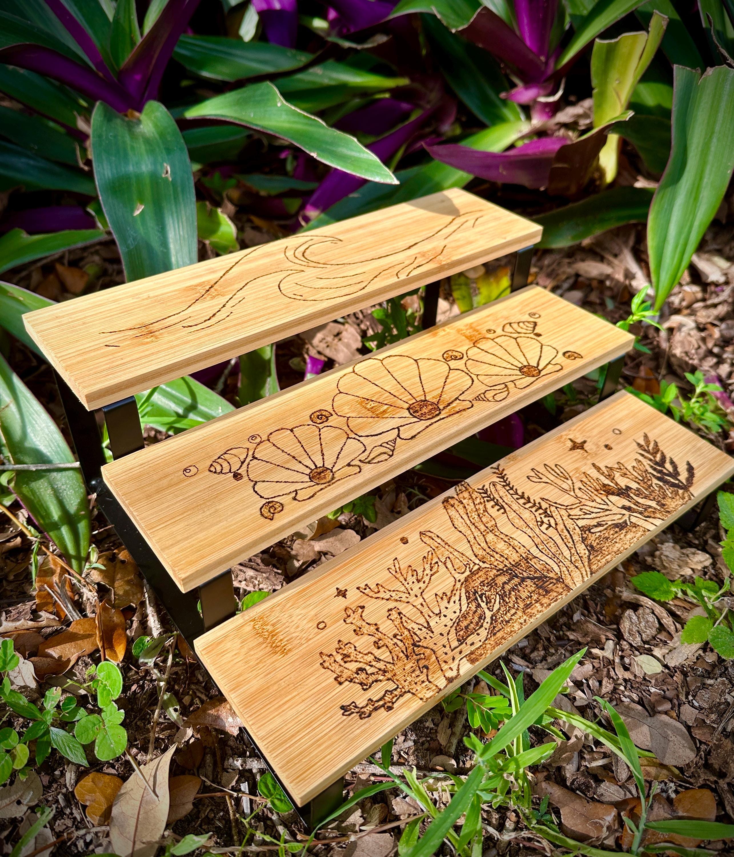 Handcrafted Display Shelf Handburned Designed-three Teir Bamboo ...